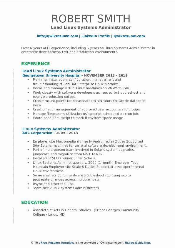 Linux System Administrator Sample Resume
