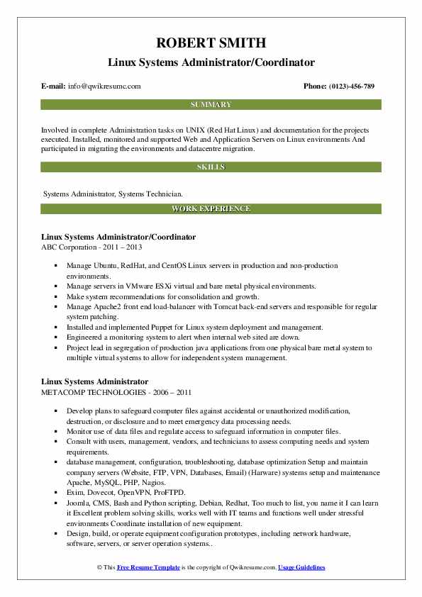 Linux System Administrator Sample Resume
