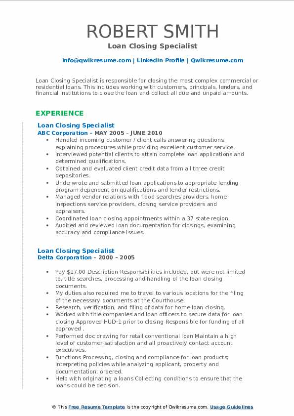 Loan Closing Specialist Resume Samples | QwikResume