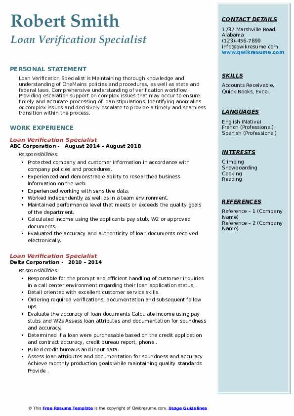 Loan Verification Specialist Resume Samples | QwikResume