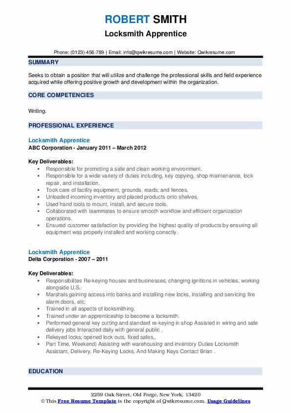 Locksmith Apprentice Resume Samples | QwikResume