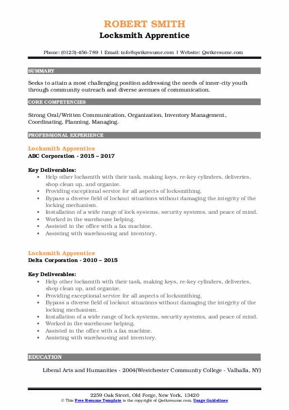 Locksmith Apprentice Resume Samples | QwikResume