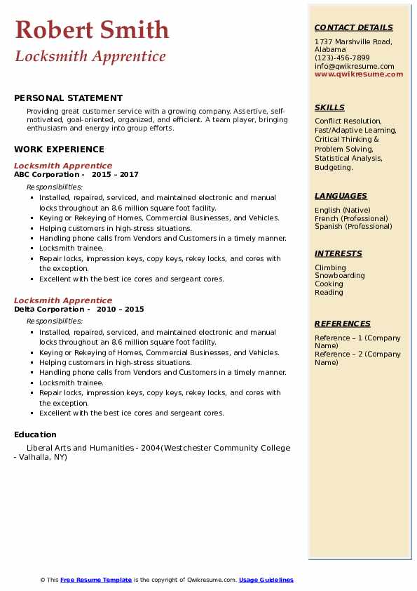 Locksmith Apprentice Resume Samples | QwikResume
