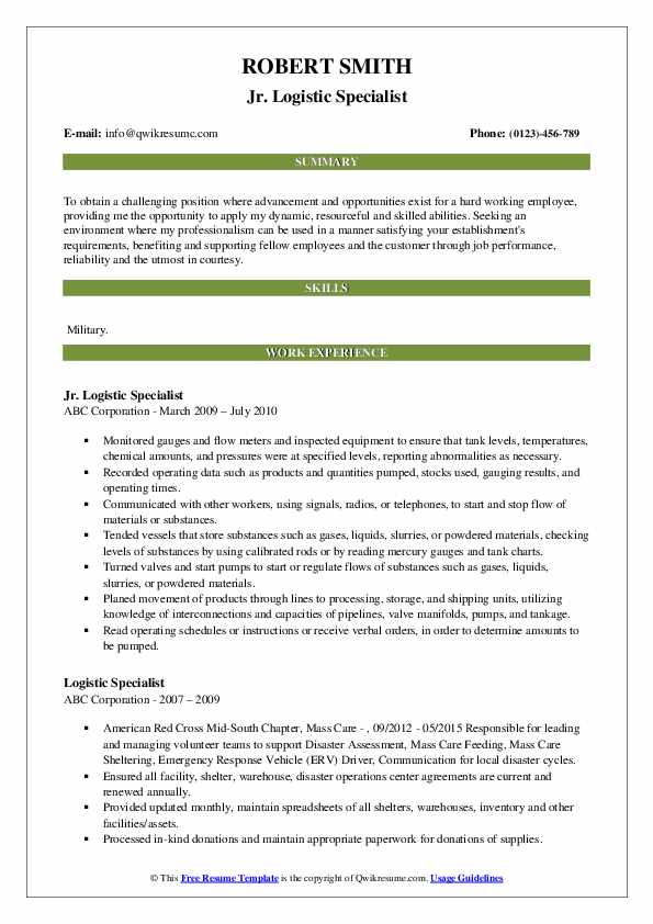 Logistic Specialist Resume Samples | QwikResume