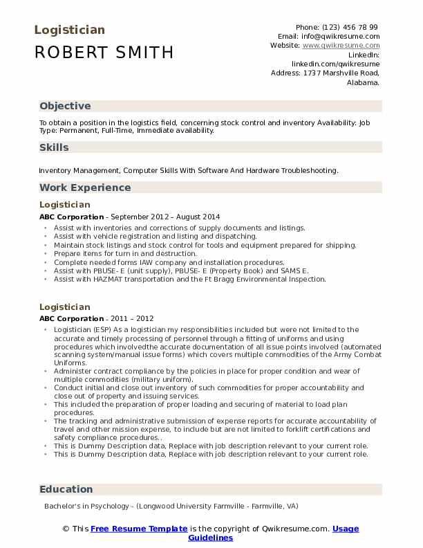 Logistician Resume Samples | QwikResume