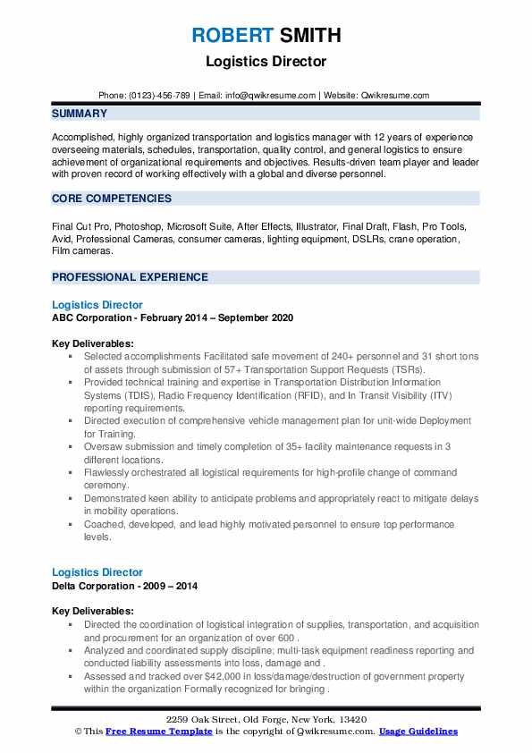 Logistics Director Resume Samples | QwikResume
