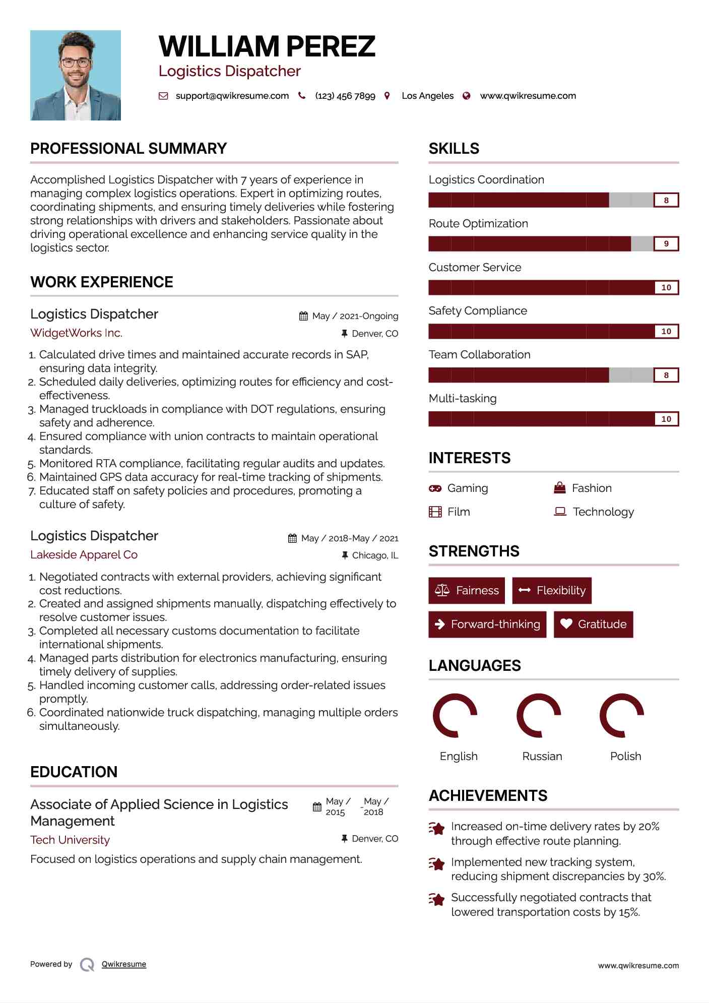 Logistics Dispatcher Resume Samples | QwikResume