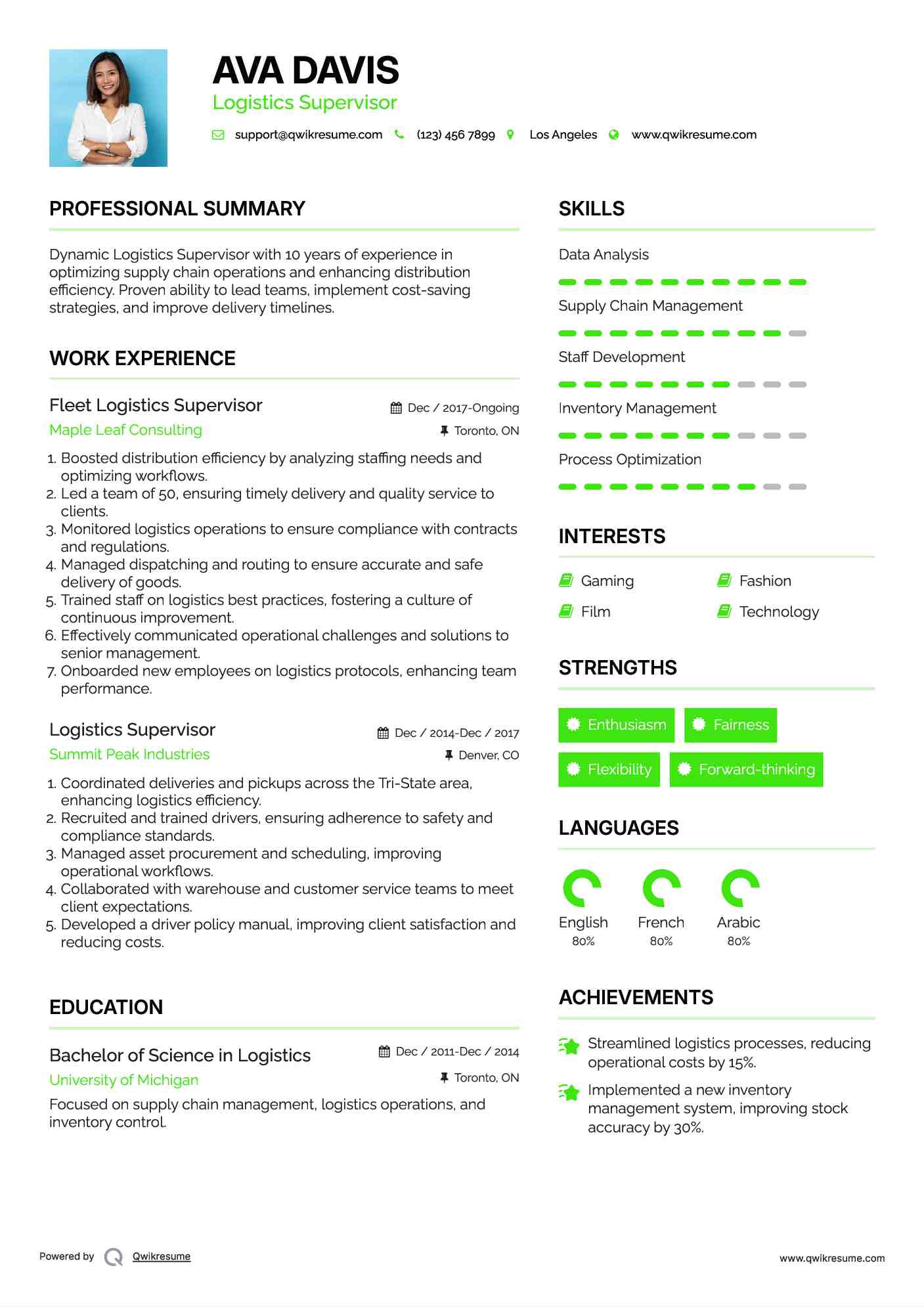 Logistics Supervisor Resume Samples QwikResume