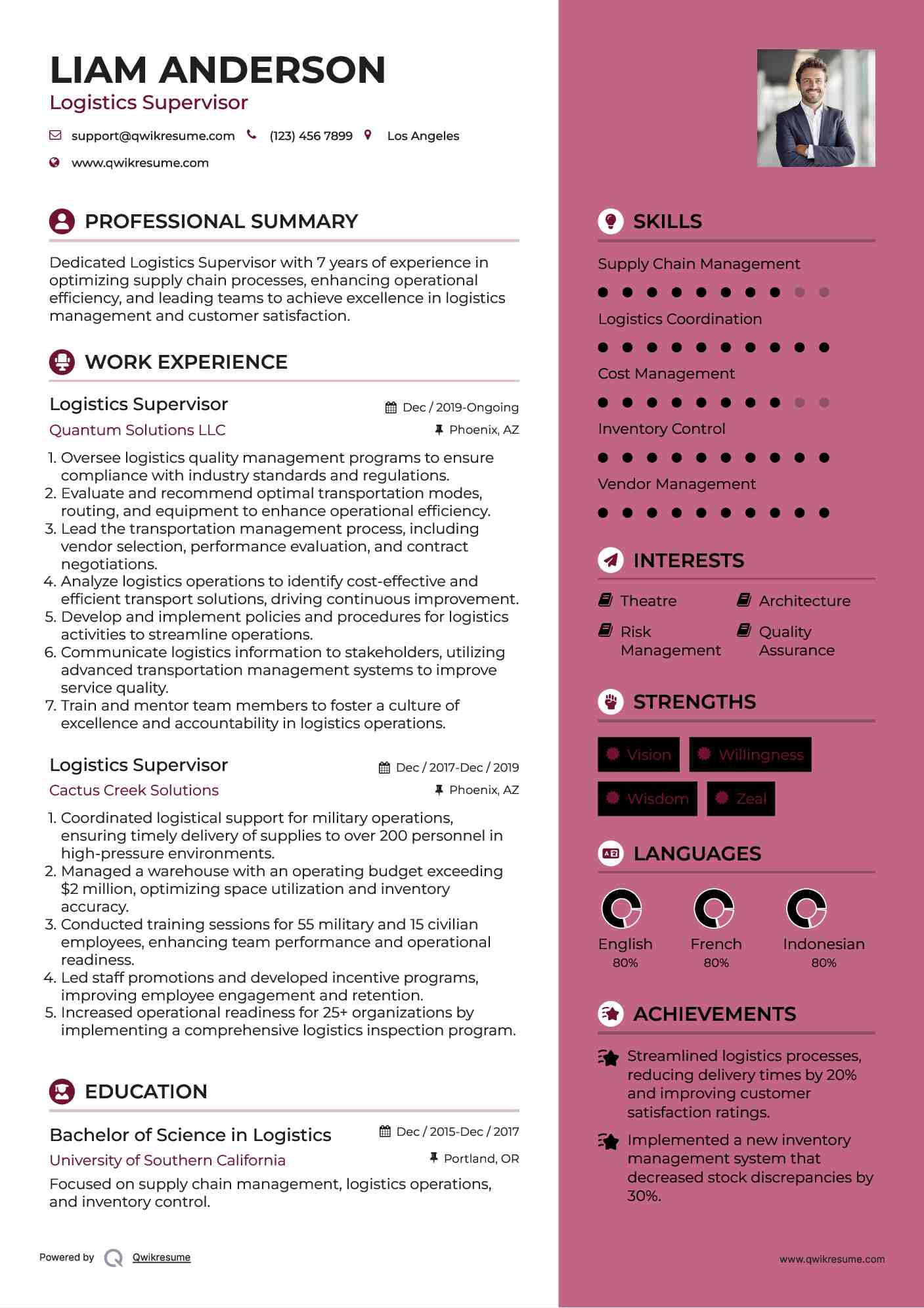 Logistics Supervisor Resume Samples QwikResume