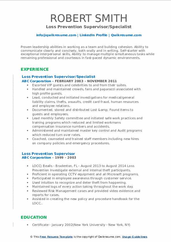 Loss Prevention Supervisor Resume Samples | QwikResume