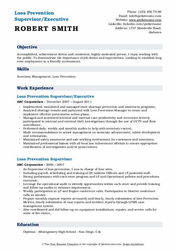 Loss Prevention Resume Sample