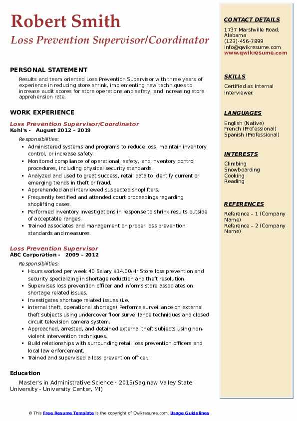 Loss Prevention Resume Sample