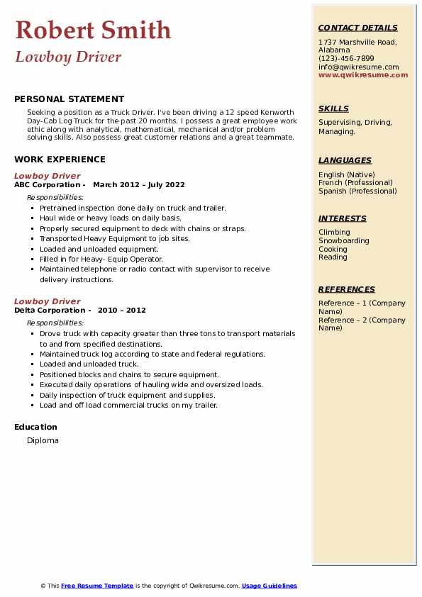 Lowboy Driver Resume Samples | QwikResume