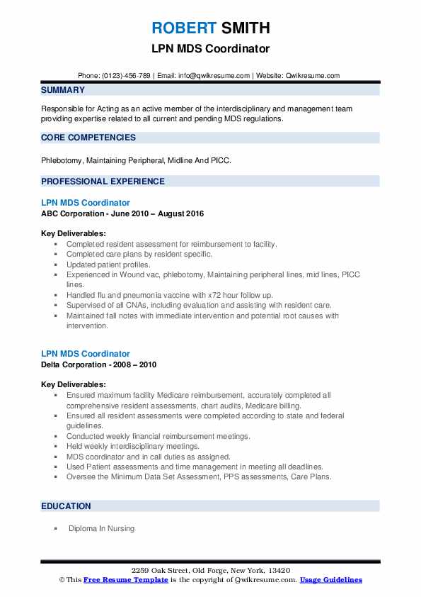 LPN MDS Coordinator Resume Samples | QwikResume