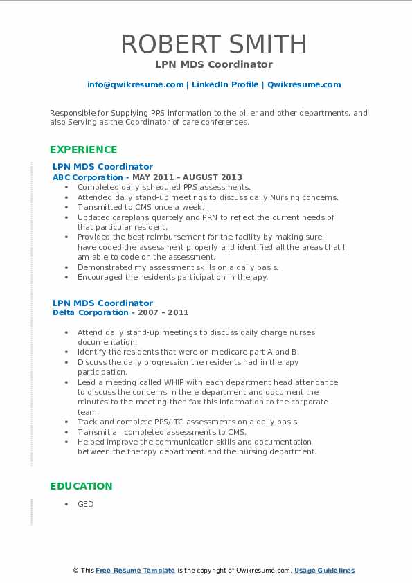 LPN MDS Coordinator Resume Samples | QwikResume