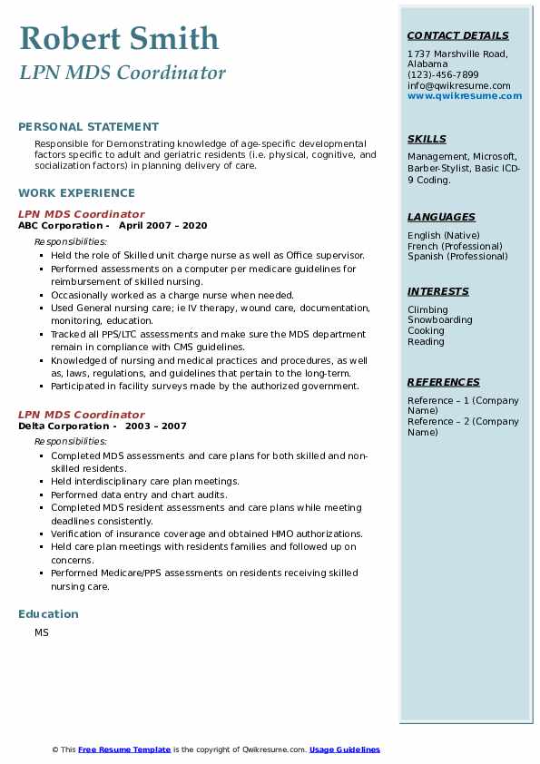 LPN MDS Coordinator Resume Samples | QwikResume