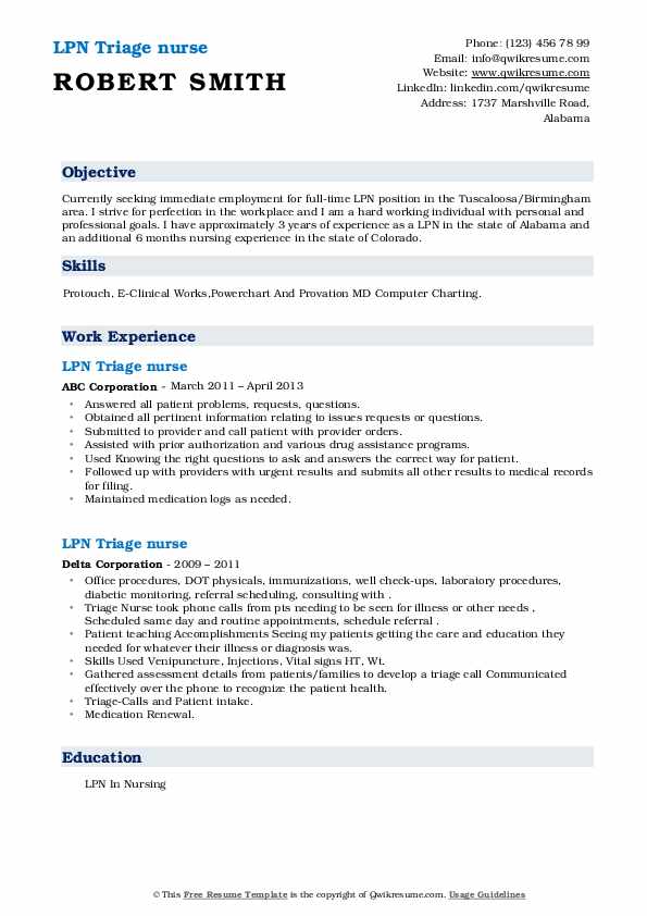 LPN Triage nurse Resume Samples | QwikResume