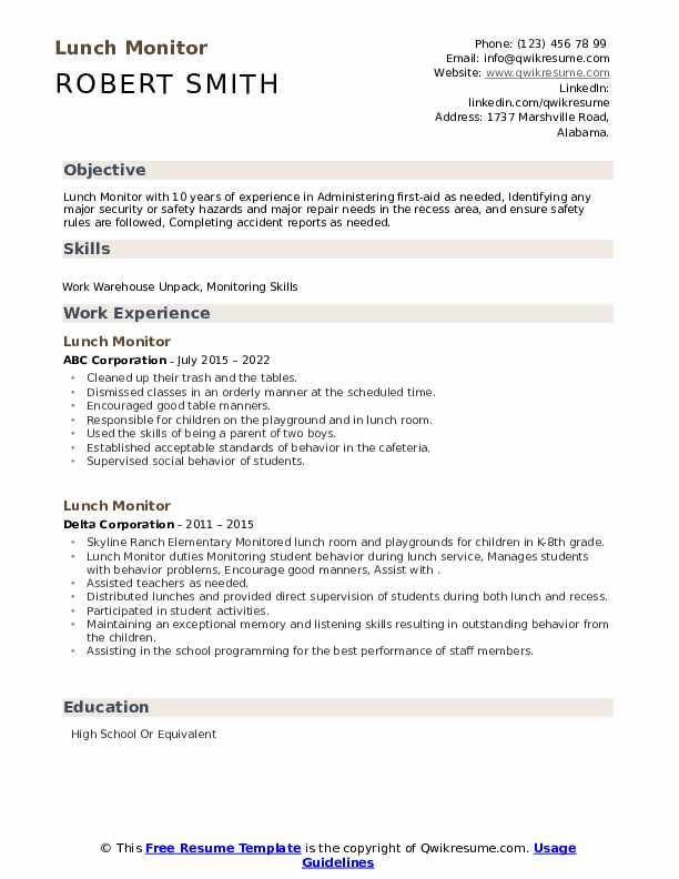 School Lunch Monitor Cover Letter at Rusty Wilcox blog