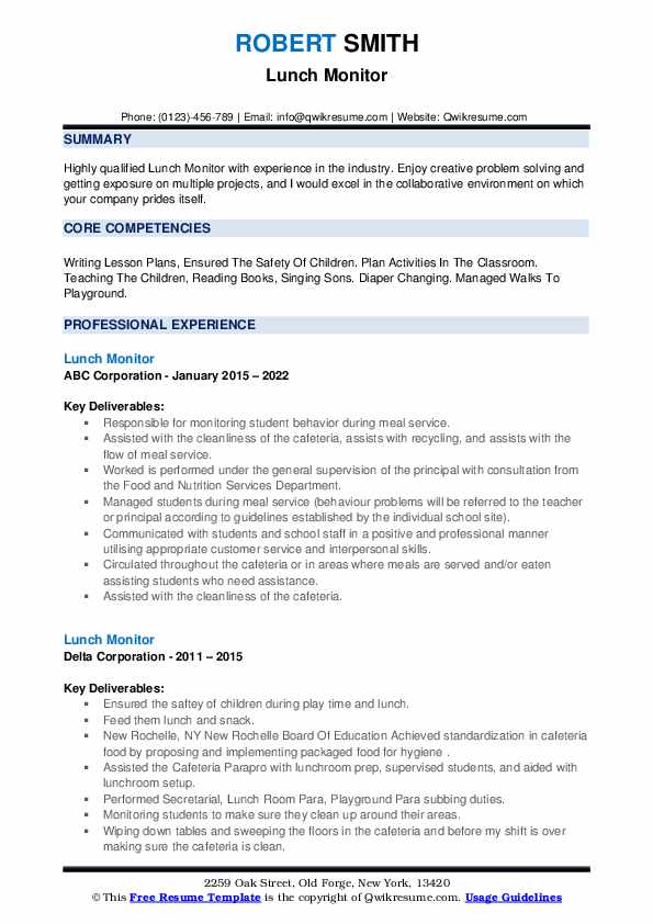 Lunch Monitor Resume Samples | QwikResume