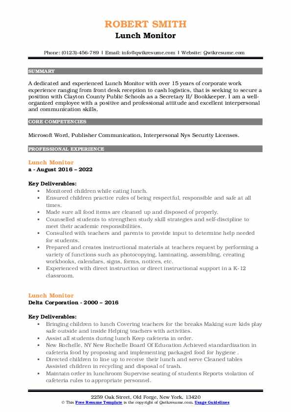 Lunch Monitor Resume Samples | QwikResume
