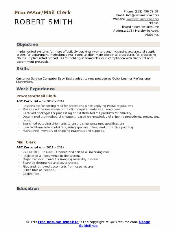 Mail Processor Sample Resume
