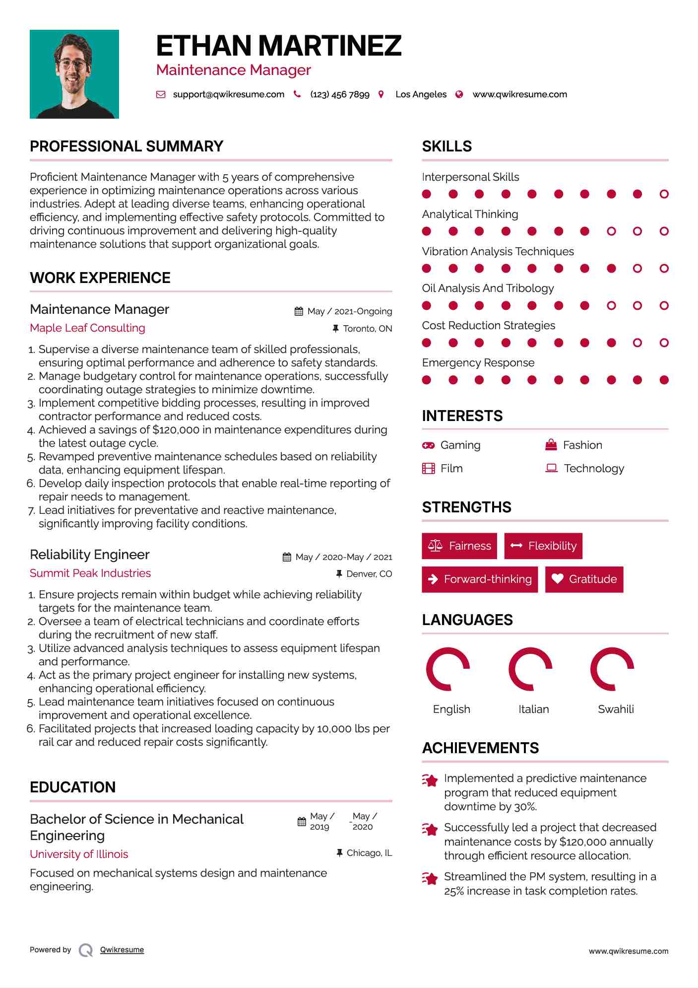 Maintenance Manager Resume Samples QwikResume