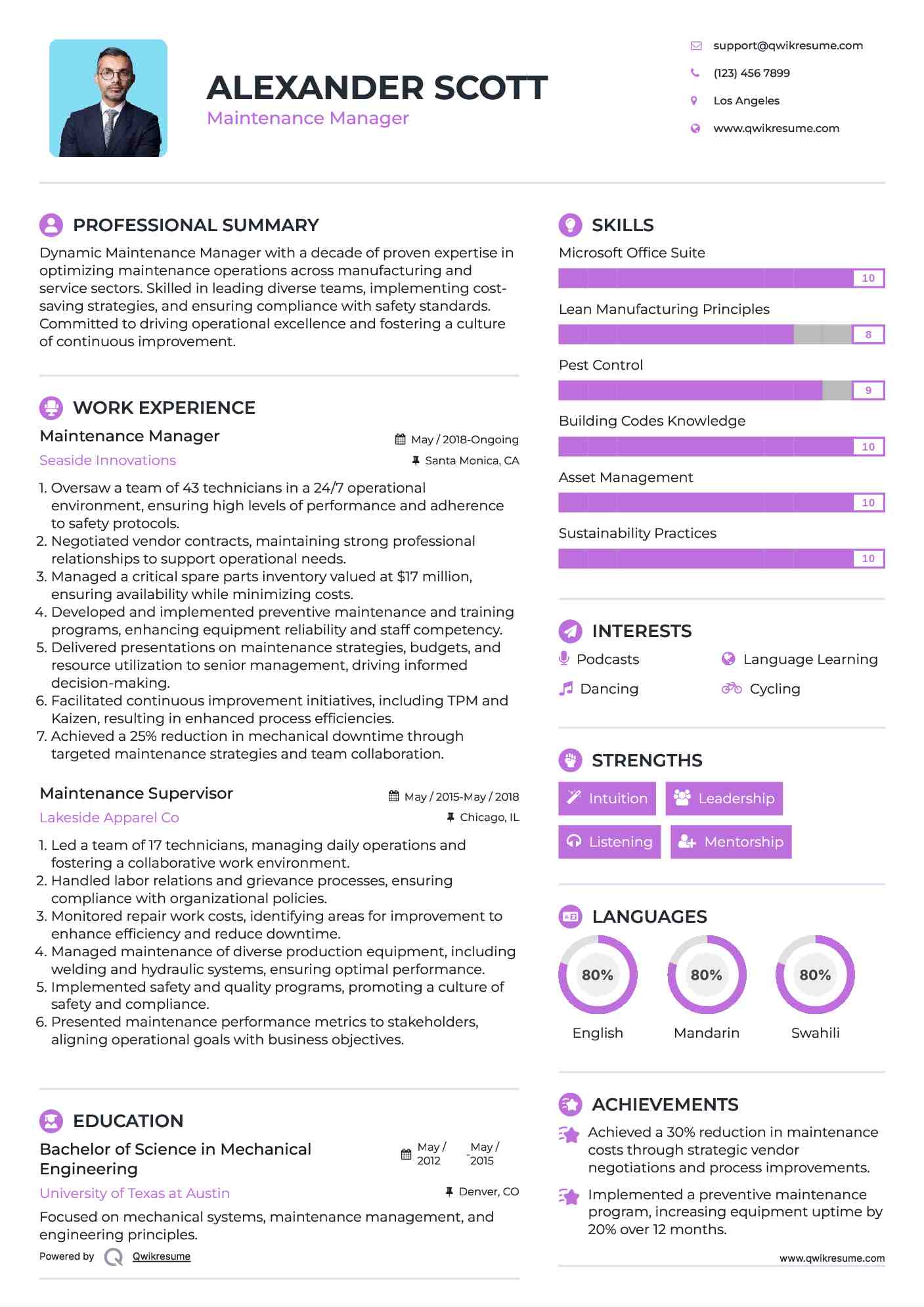 Maintenance Manager Resume Samples QwikResume
