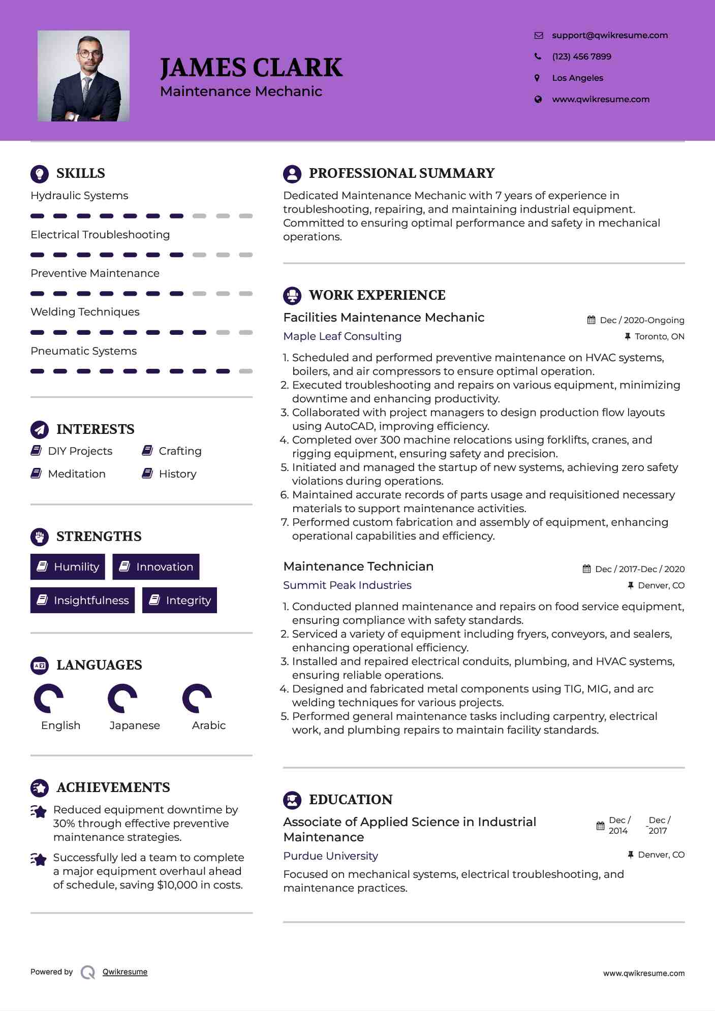 Maintenance Mechanic Resume Samples QwikResume
