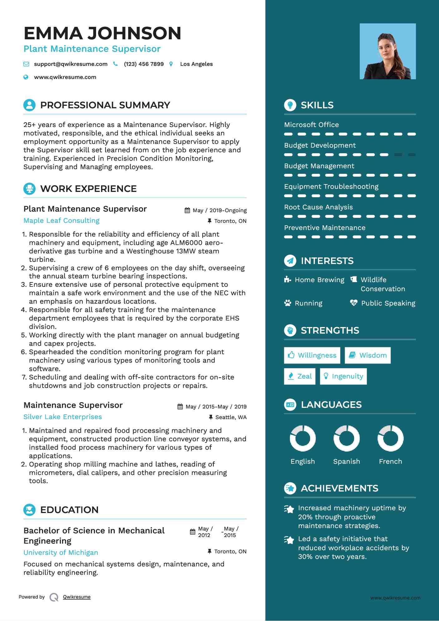 Maintenance Supervisor Resume Samples QwikResume