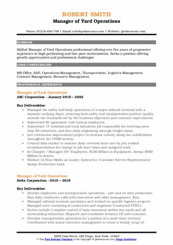 Manager of Yard Operations Resume Samples | QwikResume