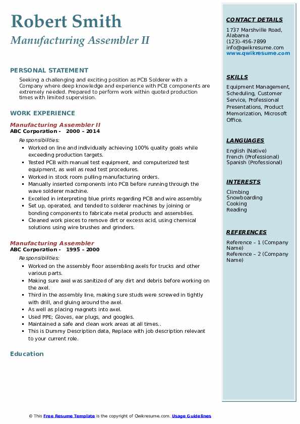 Manufacturing Assembler Resume Samples | QwikResume