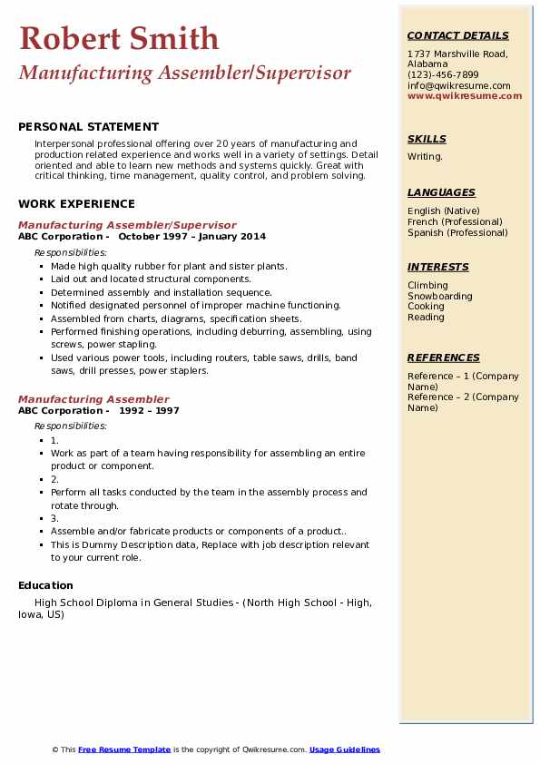 Manufacturing Assembler Resume Samples | QwikResume