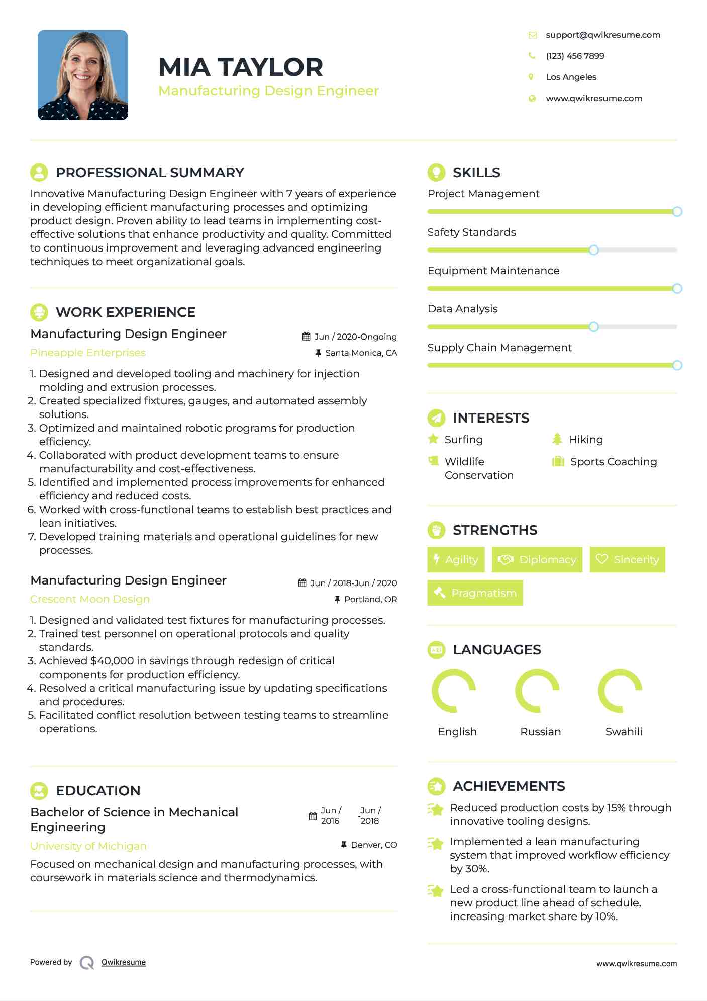 Manufacturing Design Engineer Resume Samples QwikResume