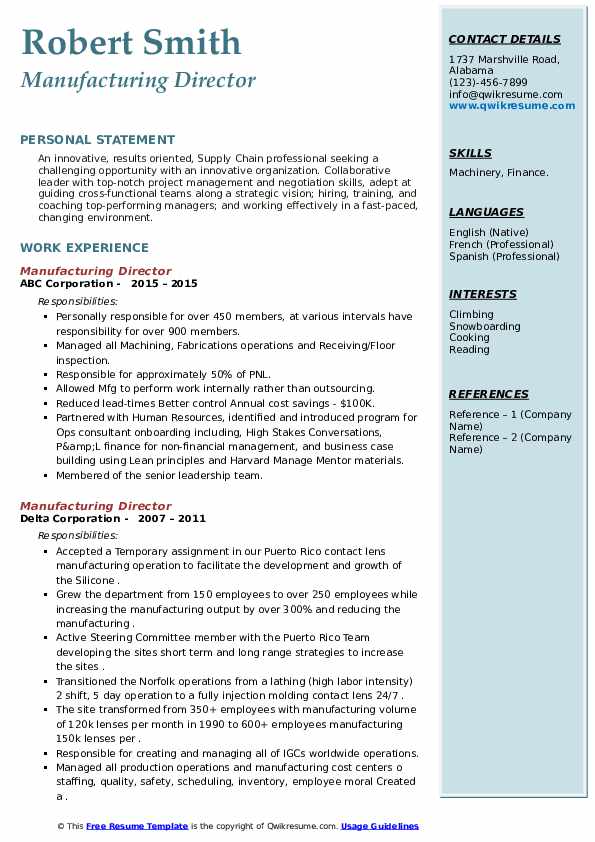 Manufacturing Director Resume Samples | QwikResume