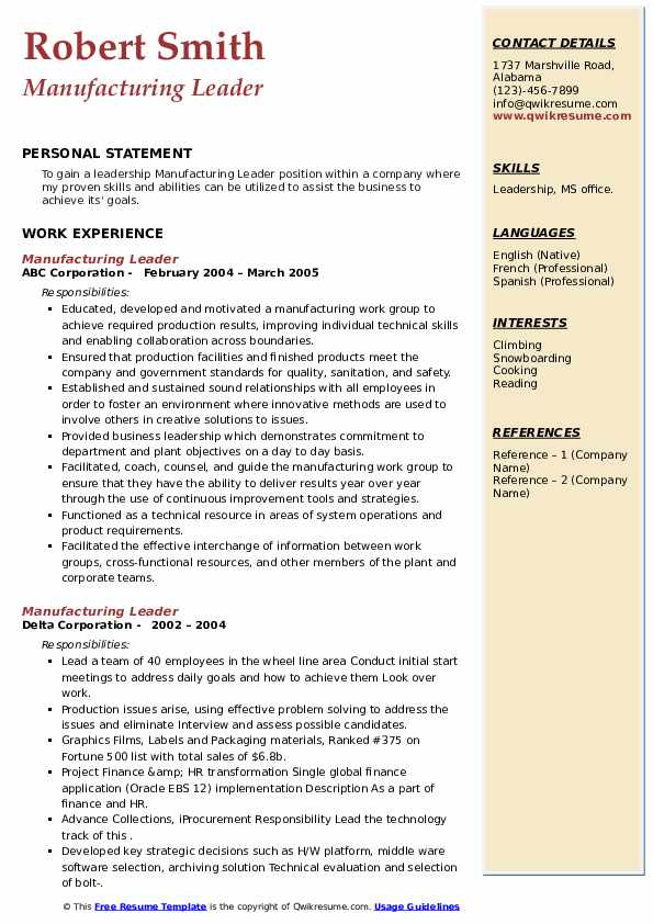 Manufacturing Leader Resume Samples | QwikResume