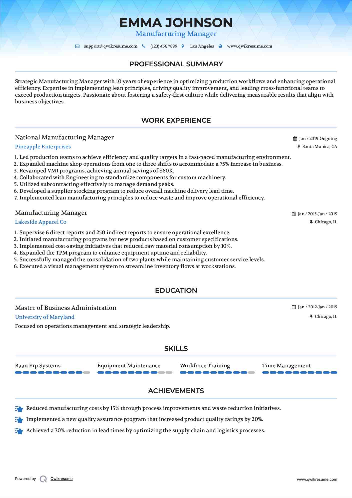 Manufacturing Manager Resume Samples QwikResume