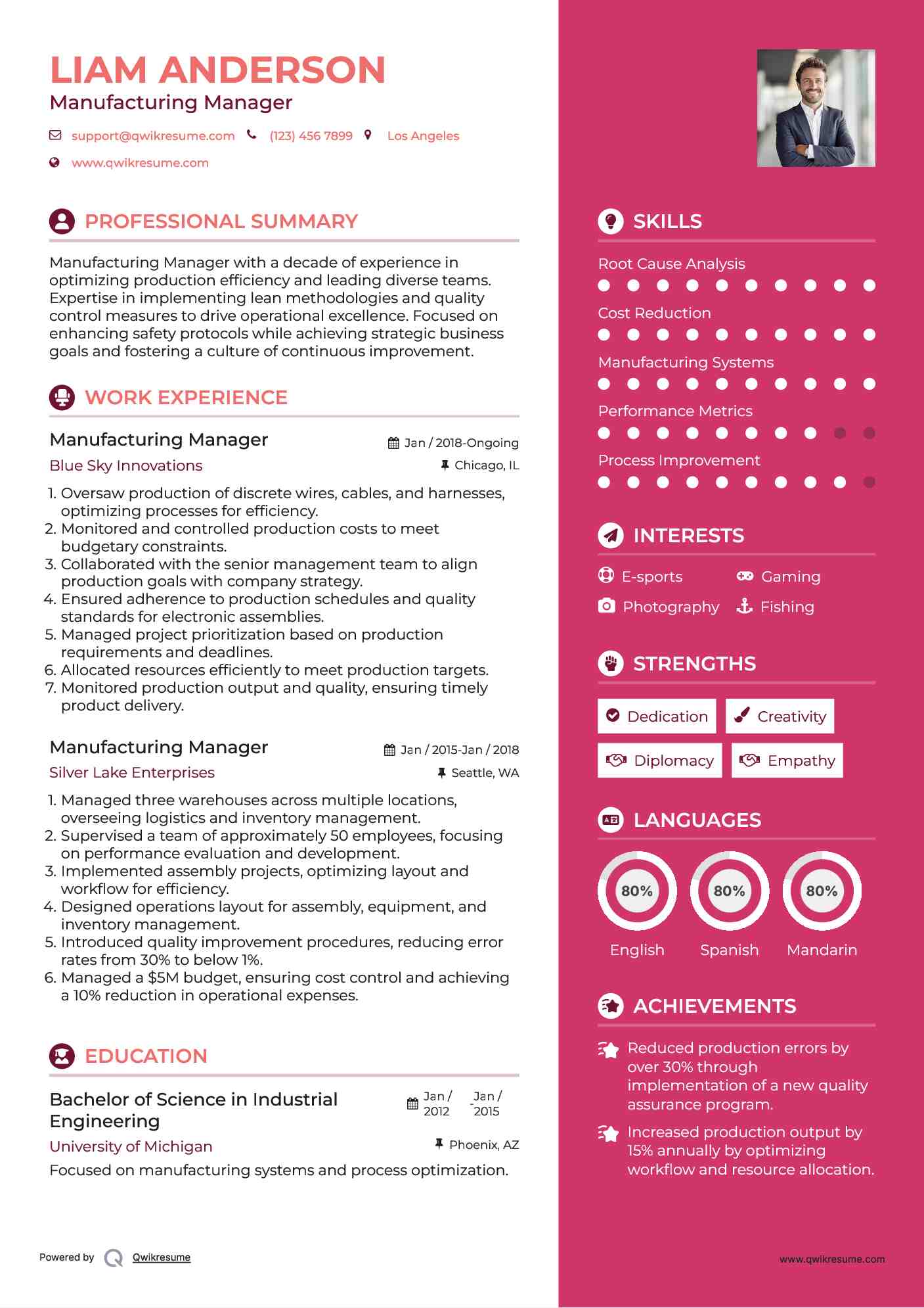 Manufacturing Manager Resume Samples QwikResume