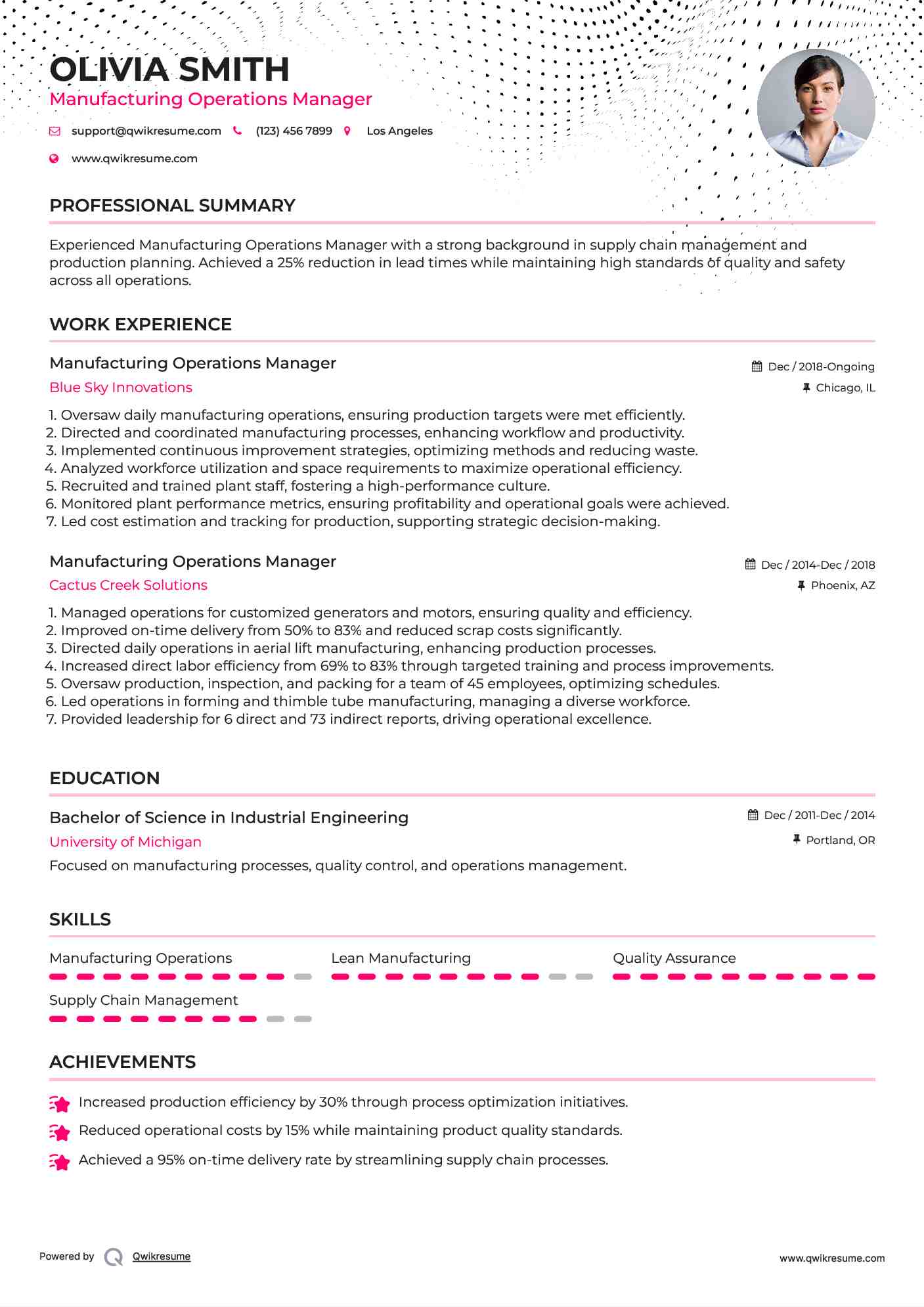 Manufacturing Operations Manager Resume Samples QwikResume