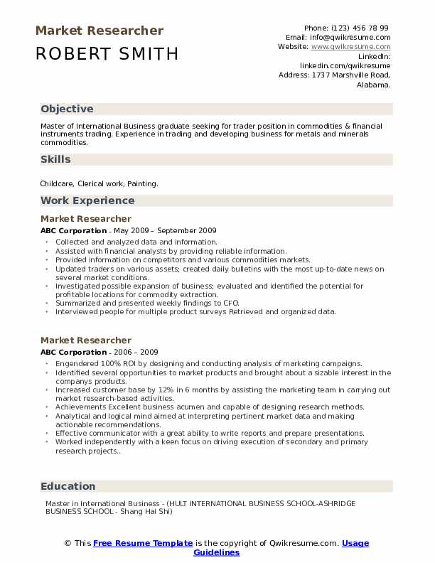 Market Researcher Resume Samples | QwikResume