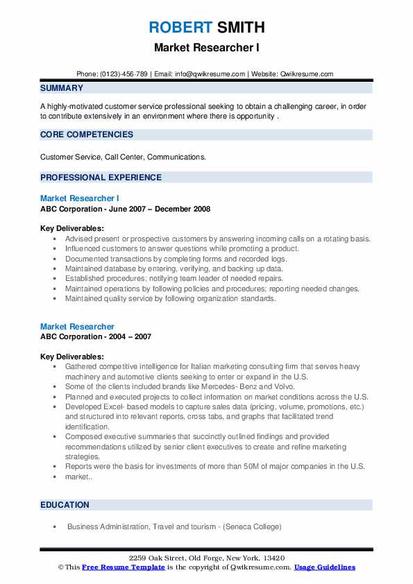 Market Researcher Resume Samples | QwikResume