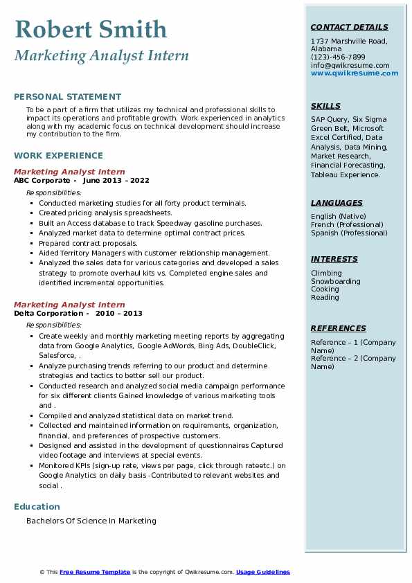 Marketing Analyst Intern Resume Samples | QwikResume