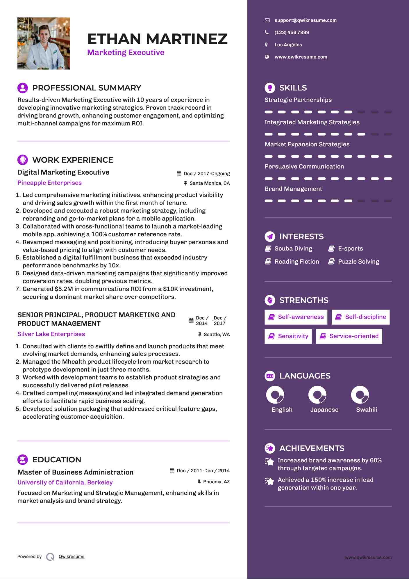Marketing Executive Resume Samples QwikResume