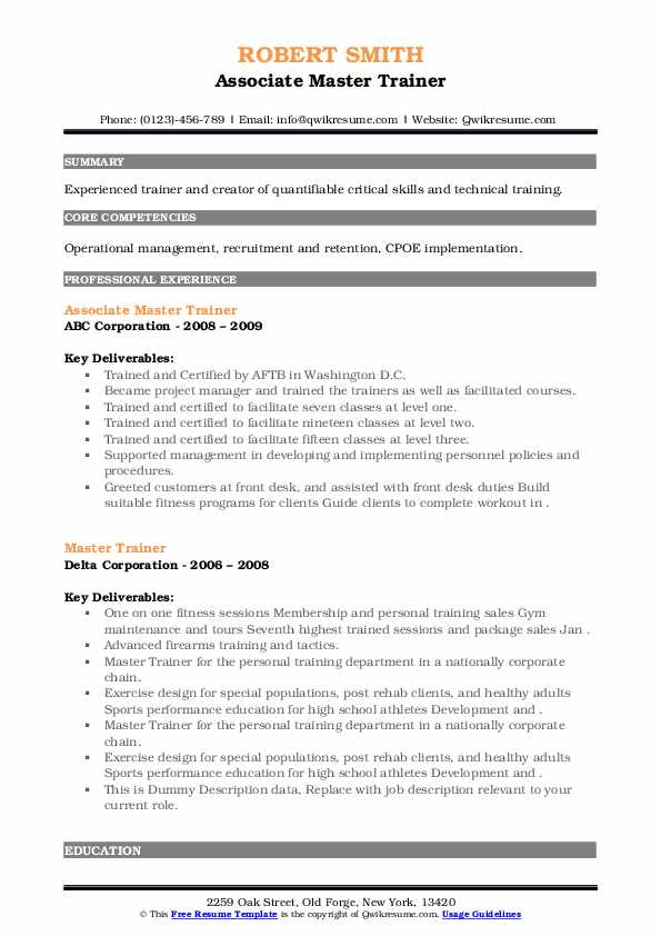Master Trainer Resume Samples | QwikResume