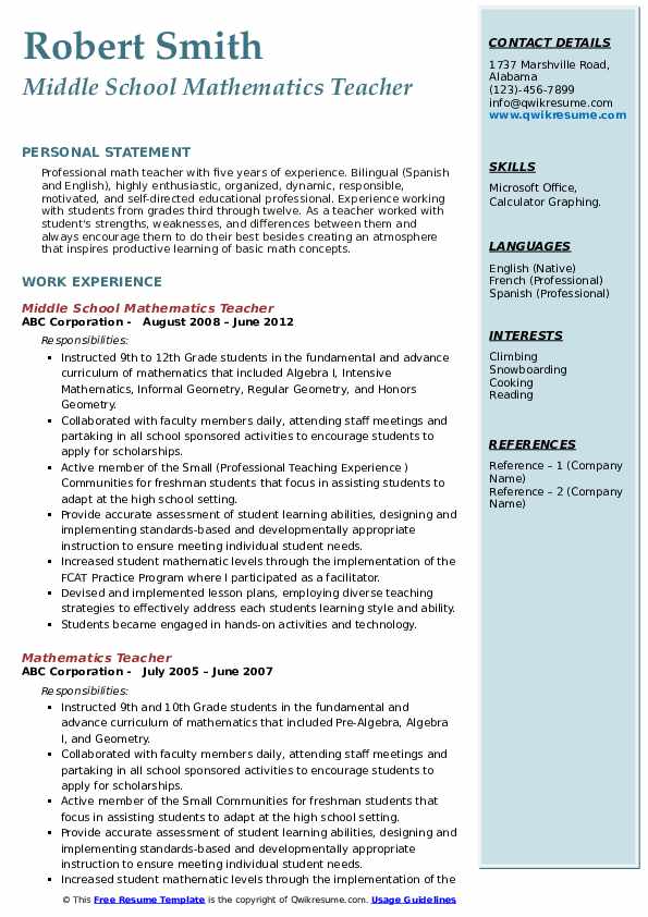 Mathematics Teacher Resume Samples QwikResume