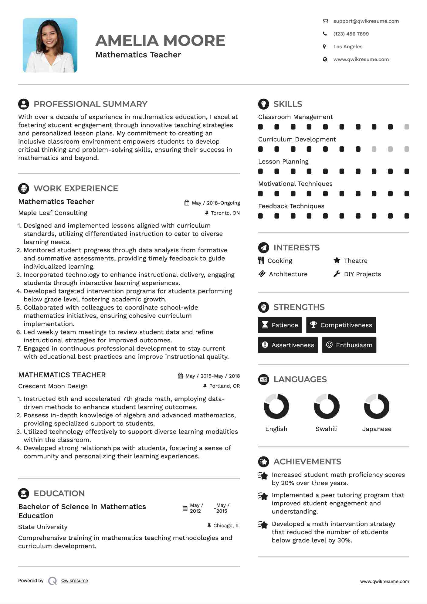 Mathematics Teacher Resume Samples QwikResume