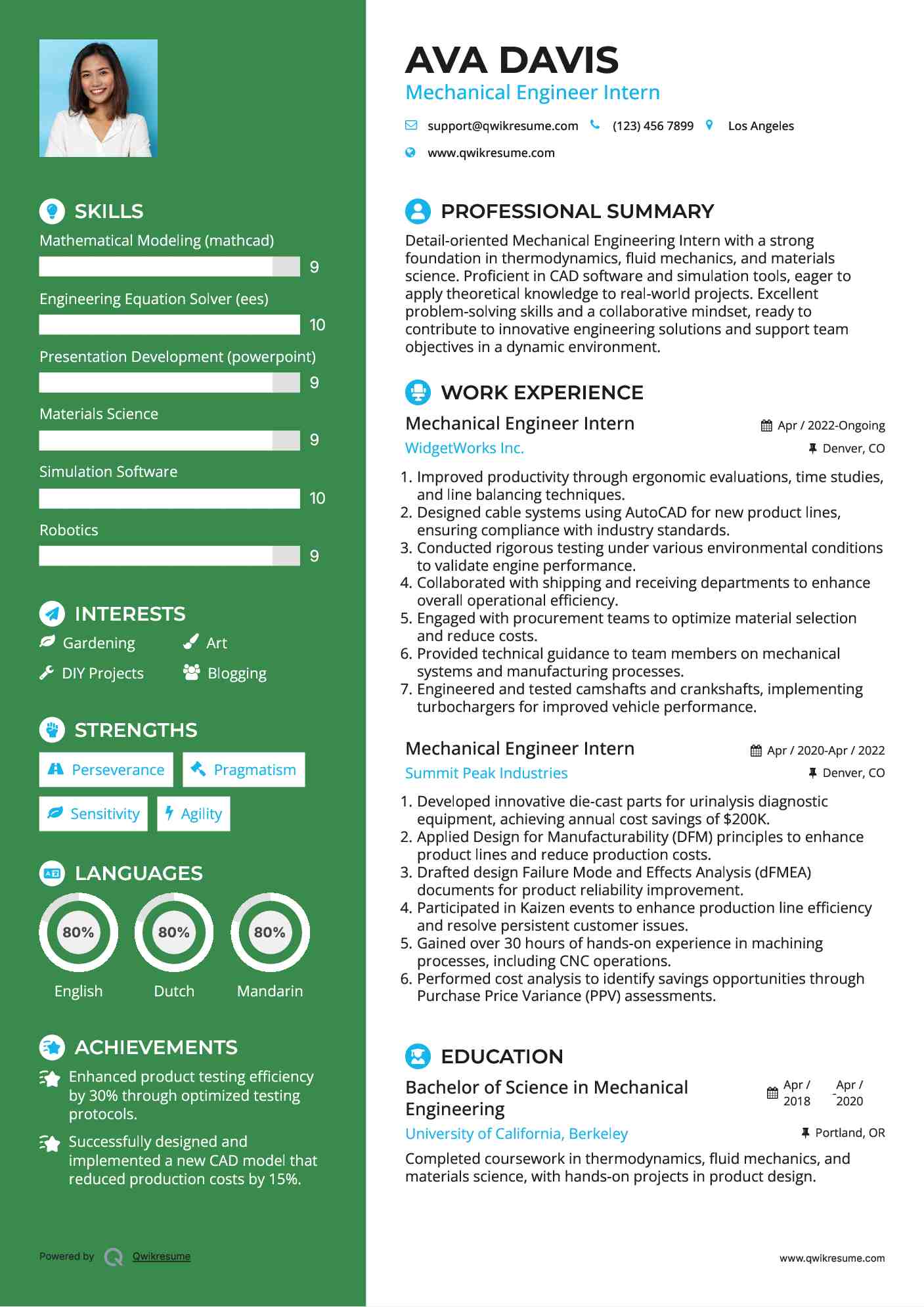 Mechanical Engineer Intern Resume Samples QwikResume
