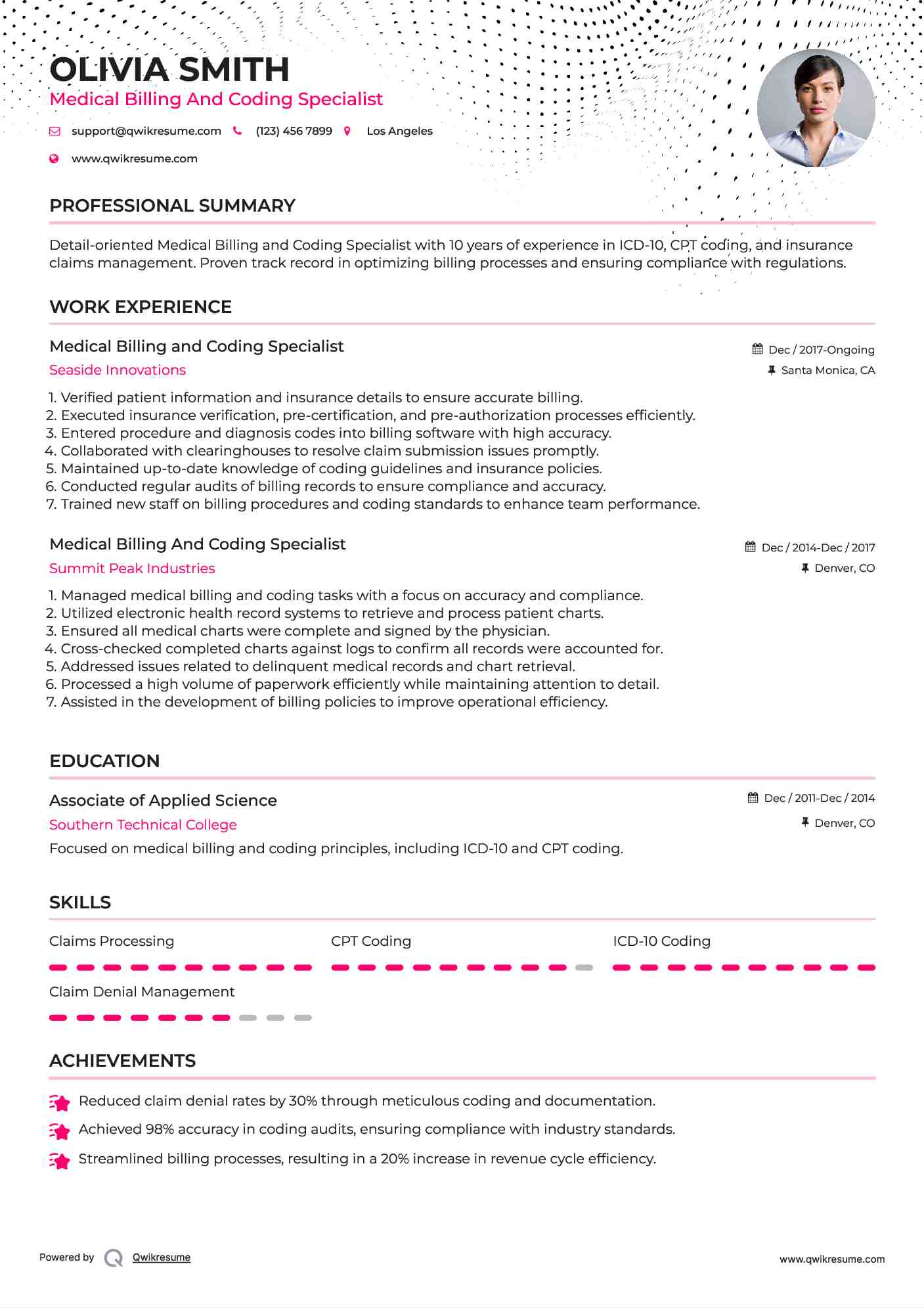 Medical Billing And Coding Specialist Resume Samples QwikResume