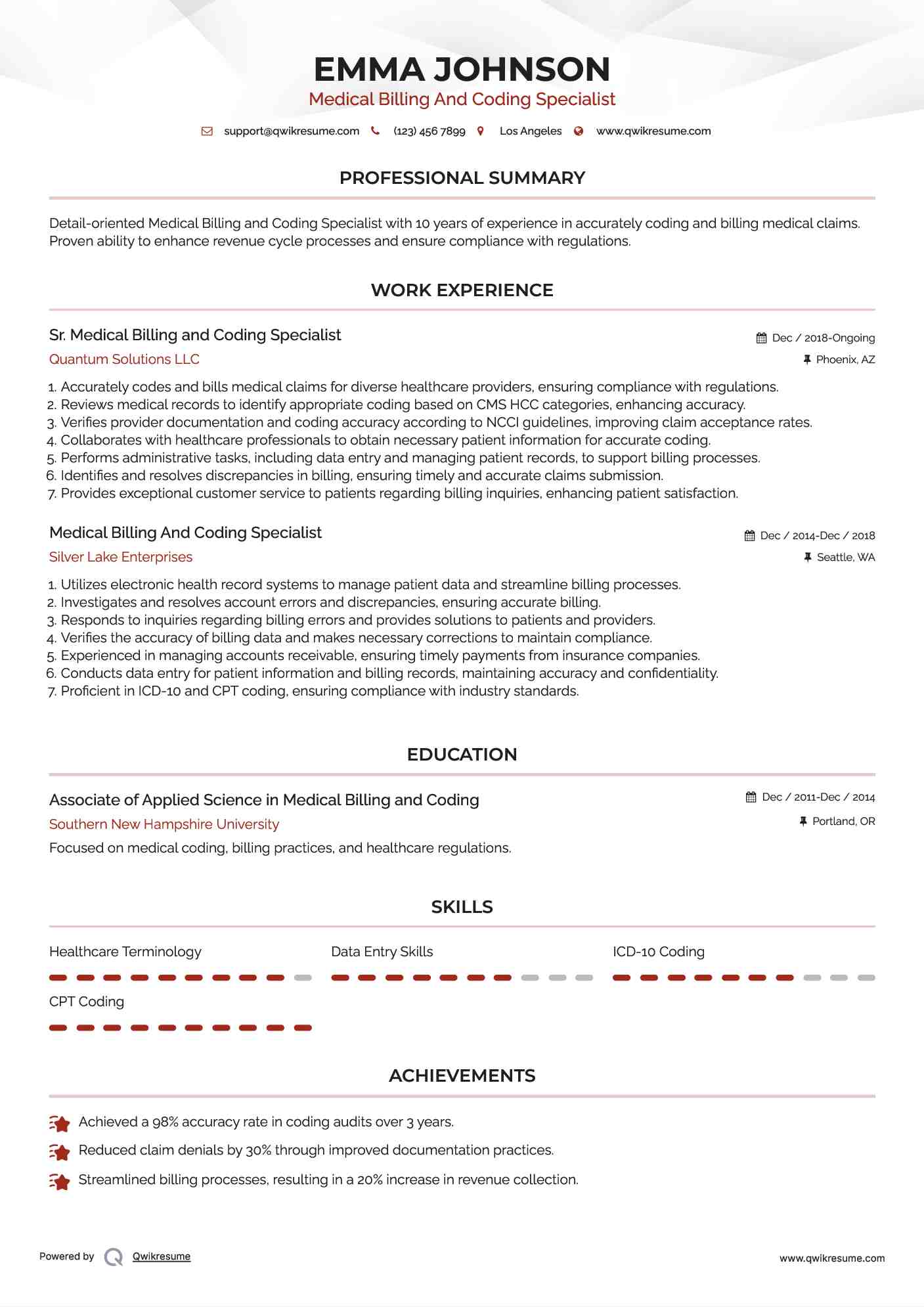 Medical Billing And Coding Specialist Resume Samples QwikResume