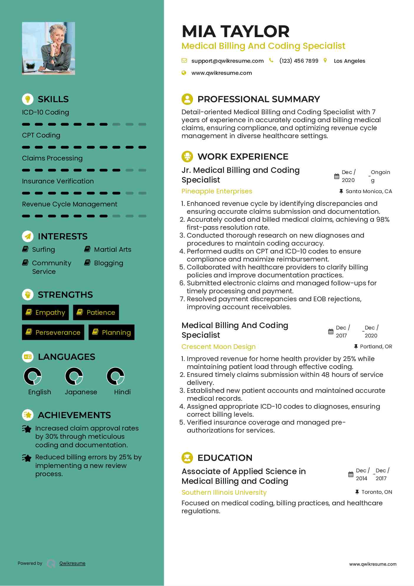 Medical Billing And Coding Specialist Resume Samples QwikResume
