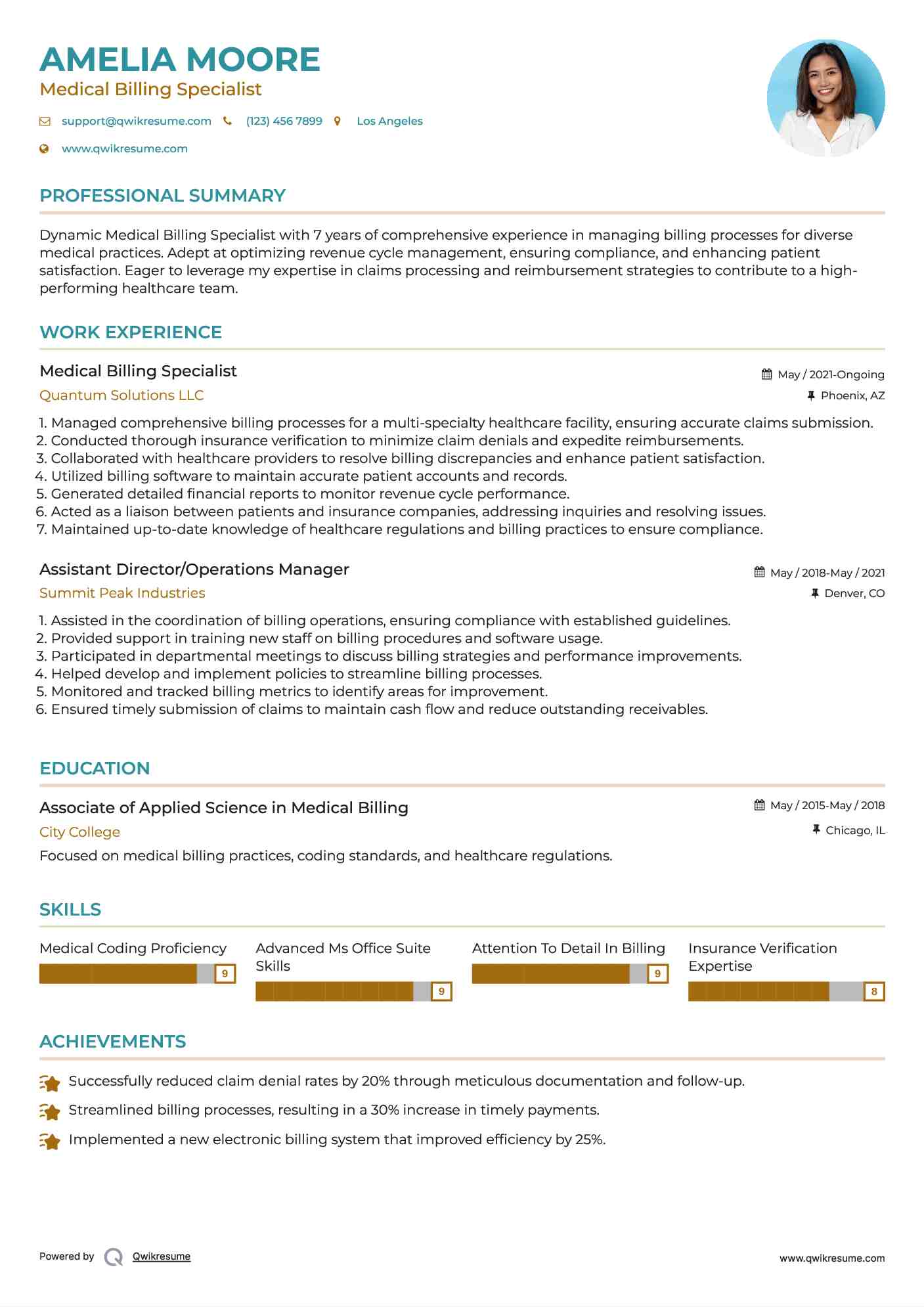 Medical Billing Specialist Resume Samples QwikResume